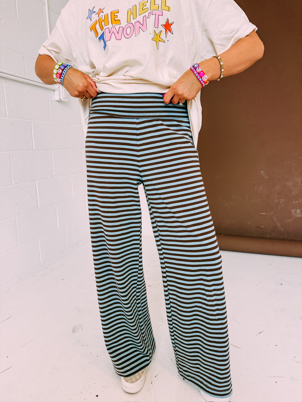 fall in line foldover pants - brown / blue – Etta & East